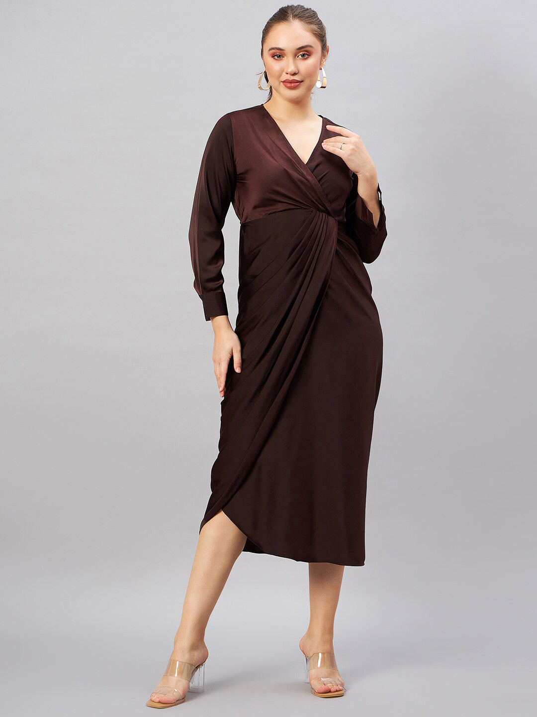 Buy Antheaa Brown V Neck Long Cuffed Sleeves Satin Wrap Midi Dress ...