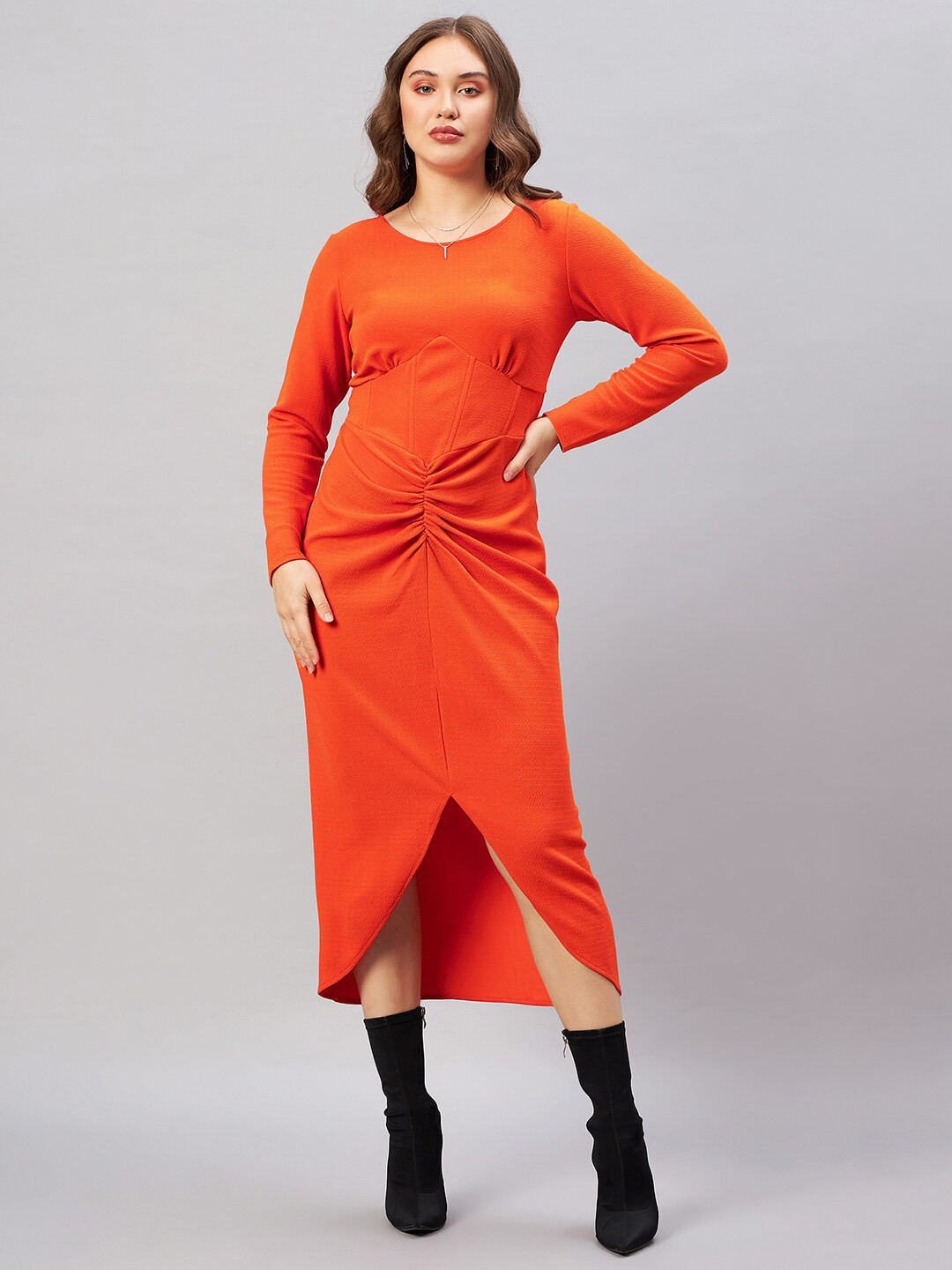 Buy Antheaa Orange Gathered Sheath Midi Dress - Dresses for Women ...