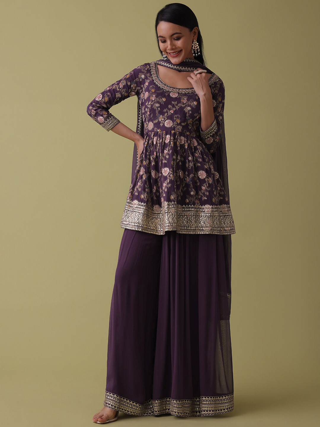 Buy KALKI Boat Neck Floral Woven Design Pleated Anarkali Kurta & Palazzos With Dupatta - Kurta ...