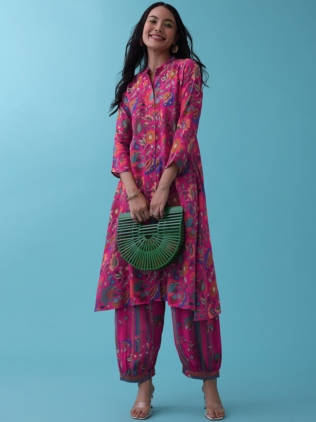 Buy KALKI Fashion Floral Printed Sequinned Mandarin Collar Pure Cotton ...