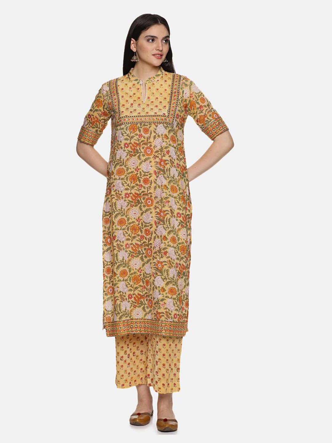 Buy JAIPURIBANNO Ethnic Motifs Printed Pure Cotton Straight Kurta With ...