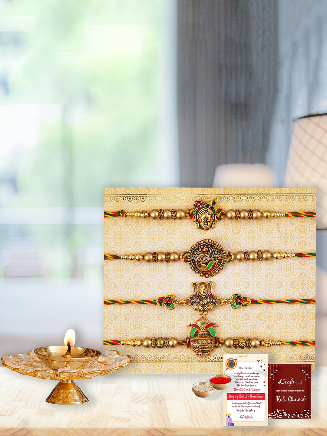 Buy ECraftIndia Set Of 4 Designer Rakhis With Decorative Brass Diya ...