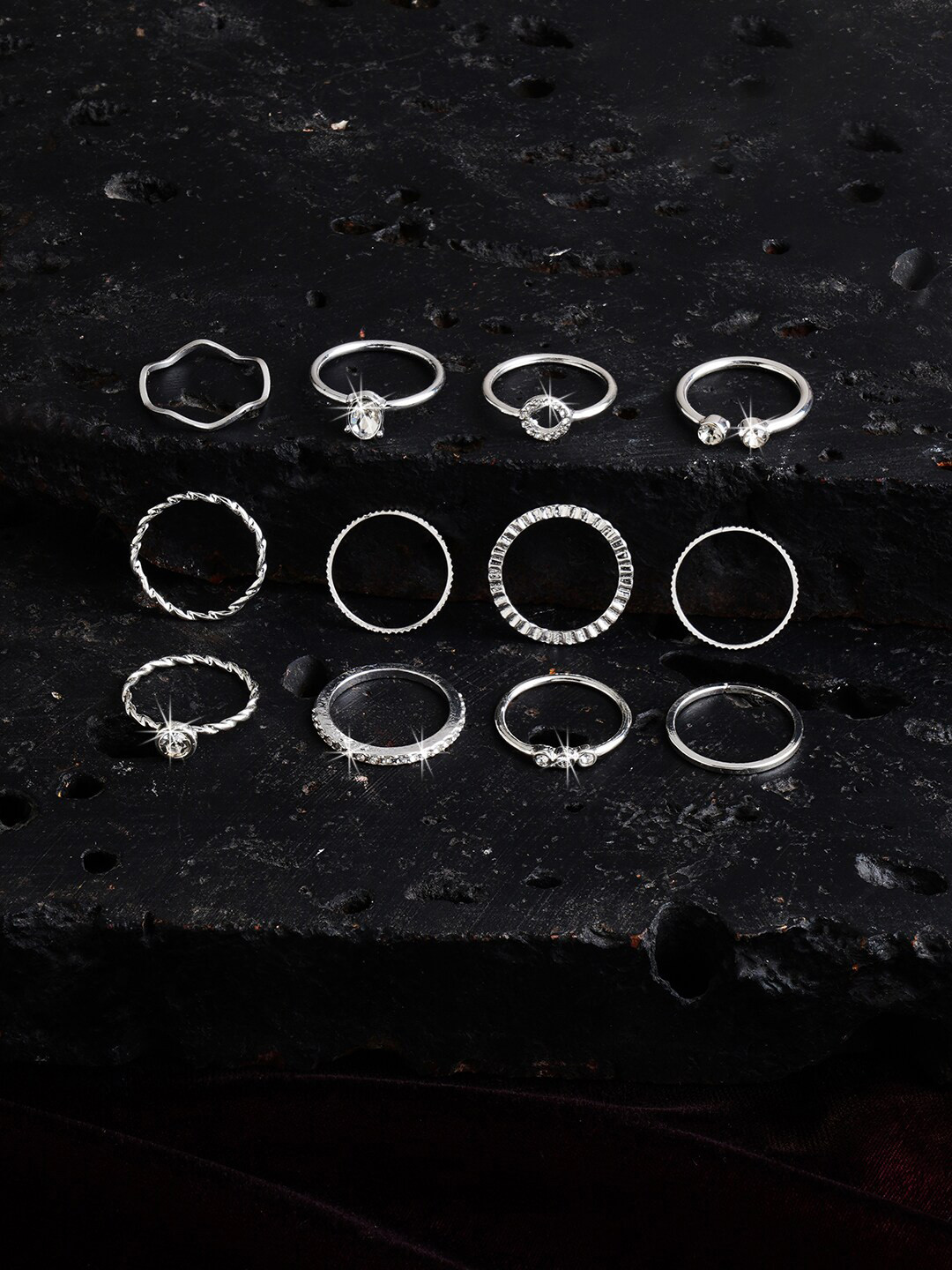Buy Accessorize London Women Set Of 12 Silver Crystal Finger Rings ...