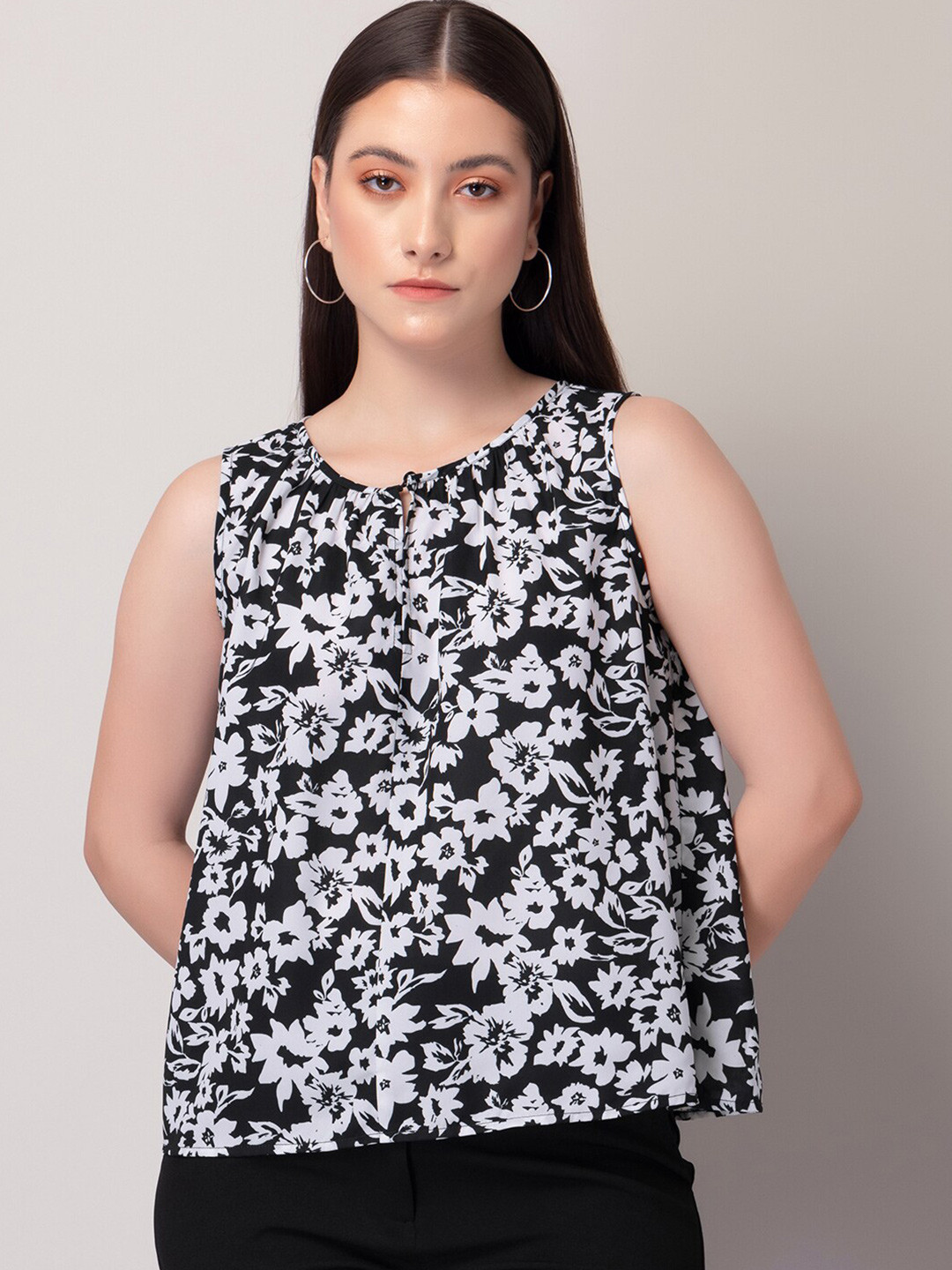 Buy FabAlley Black & White Floral Printed Gathered Top - Tops for Women ...