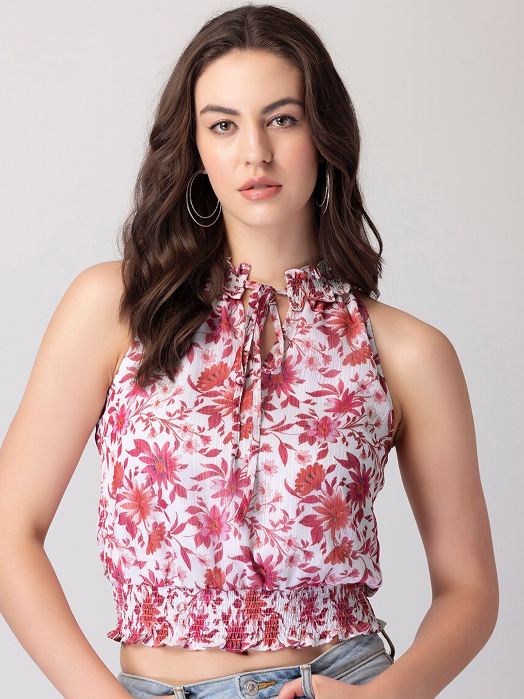 Buy Faballey White Floral Printed Tie Up Neck Blouson Crop Top Tops