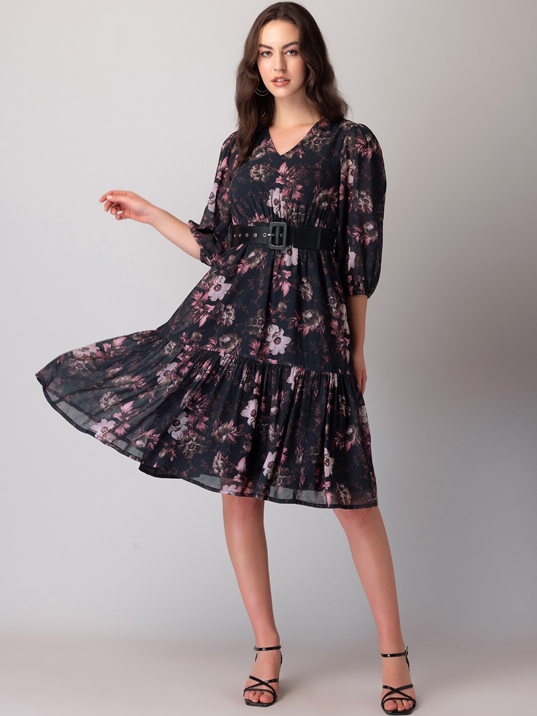 Buy Faballey Black White And Pink Floral Printed V Neck Puff Sleeves Fit