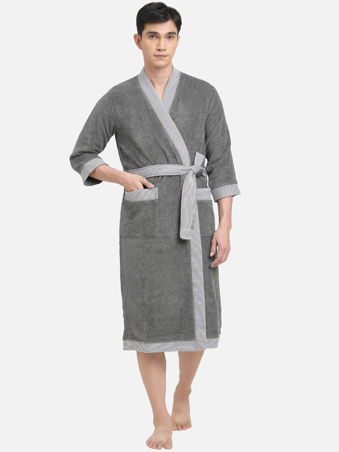 Buy SPACES Hygro Unisex Grey 400 GSM Pure Cotton Bath Robe - Bath Robe ...