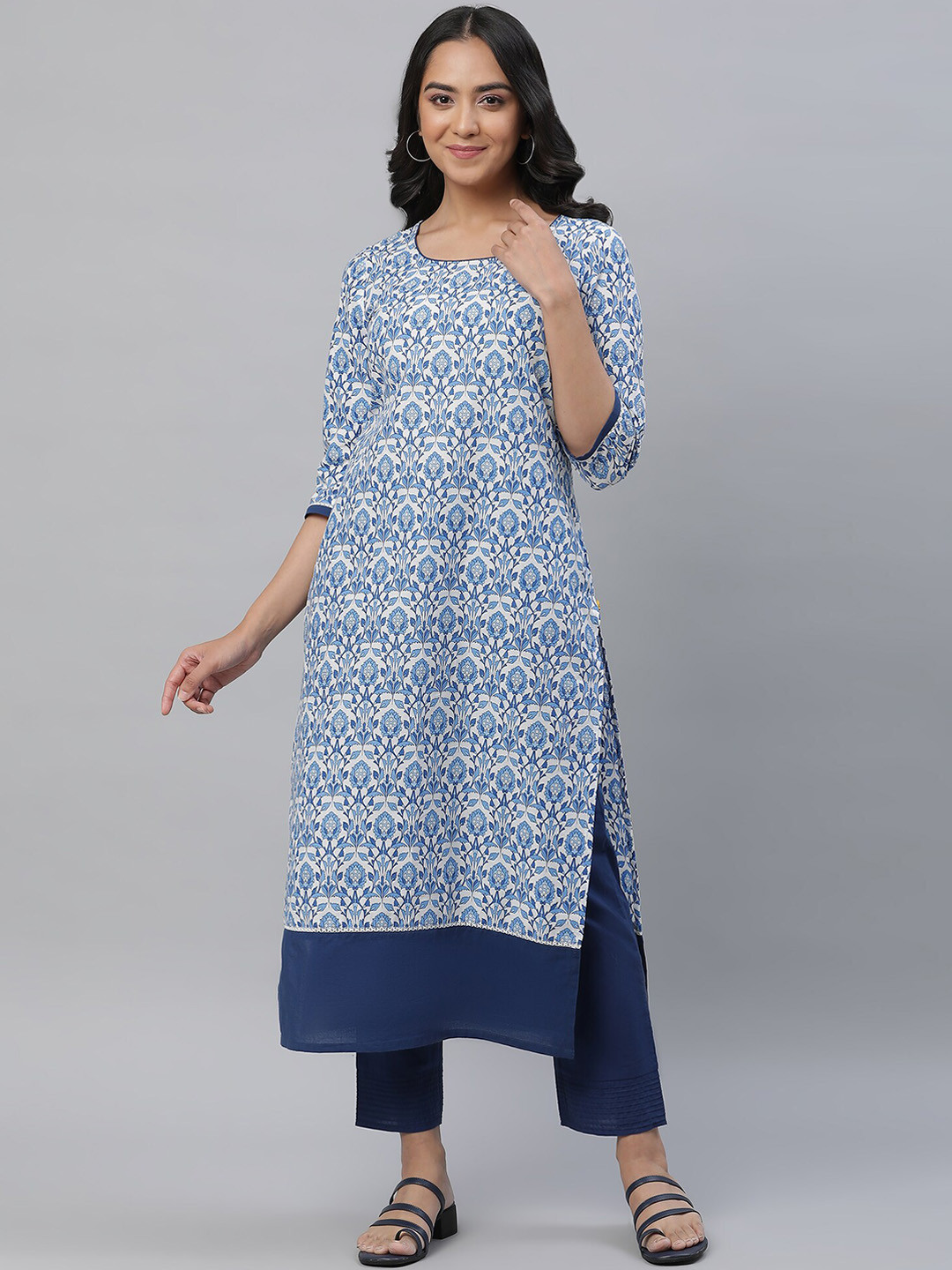 Buy AURELIA Ethnic Motifs Printed Lace Detailed A Line Pure Cotton ...