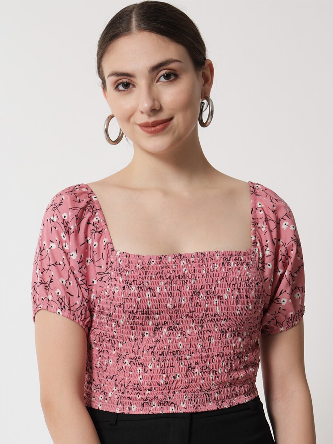 Buy Trend Arrest Floral Printed Square Neck Puffed Sleeves Smocking