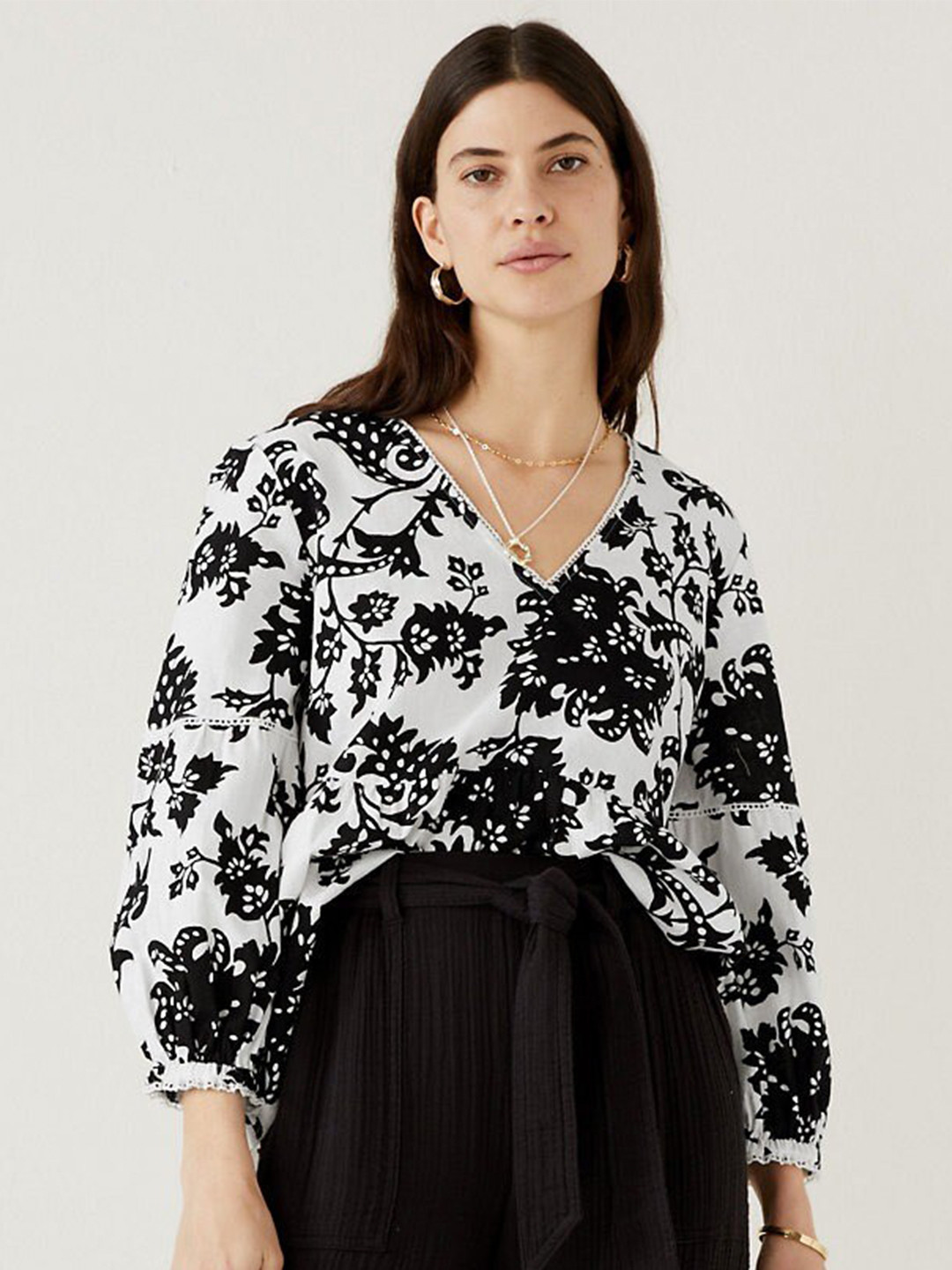 Buy Marks & Spencer Floral Printed V Neck Puff Sleeves Lace Inserts ...