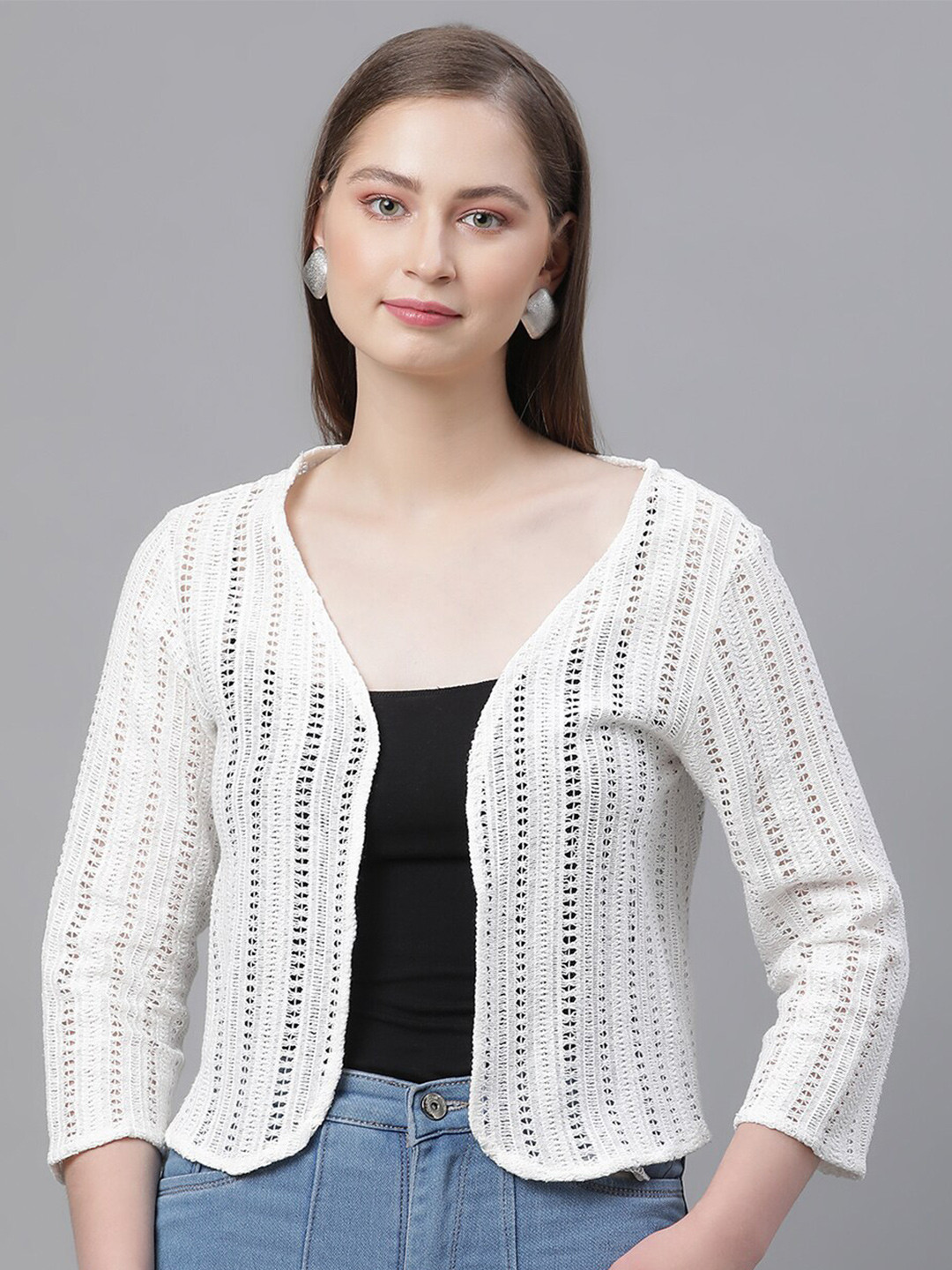 Buy UnaOne Self Design Pure Cotton Lace Open Front Shrug - Shrug for ...