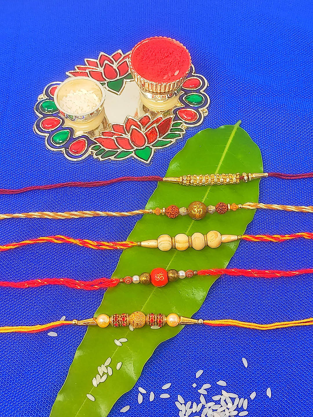 Buy CRAYTON Set Of 5 Beaded Thread Rakhi With Roli Chaval Holder ...