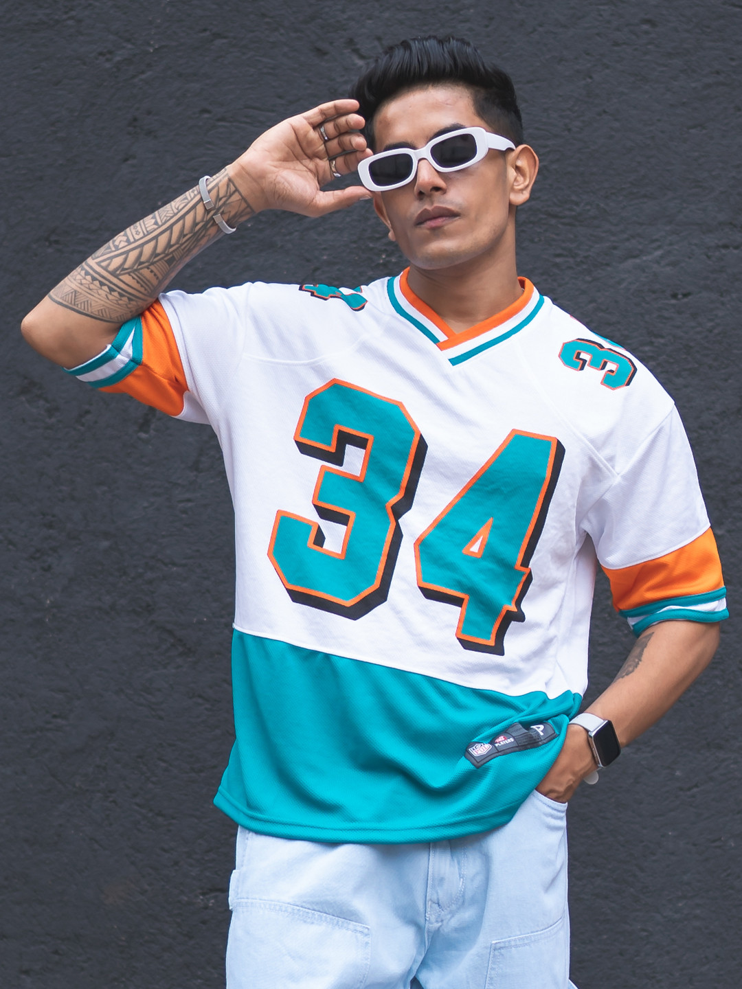 Buy Powerlook White Varsity Printed Drop Shoulder Sleeves V Neck ...