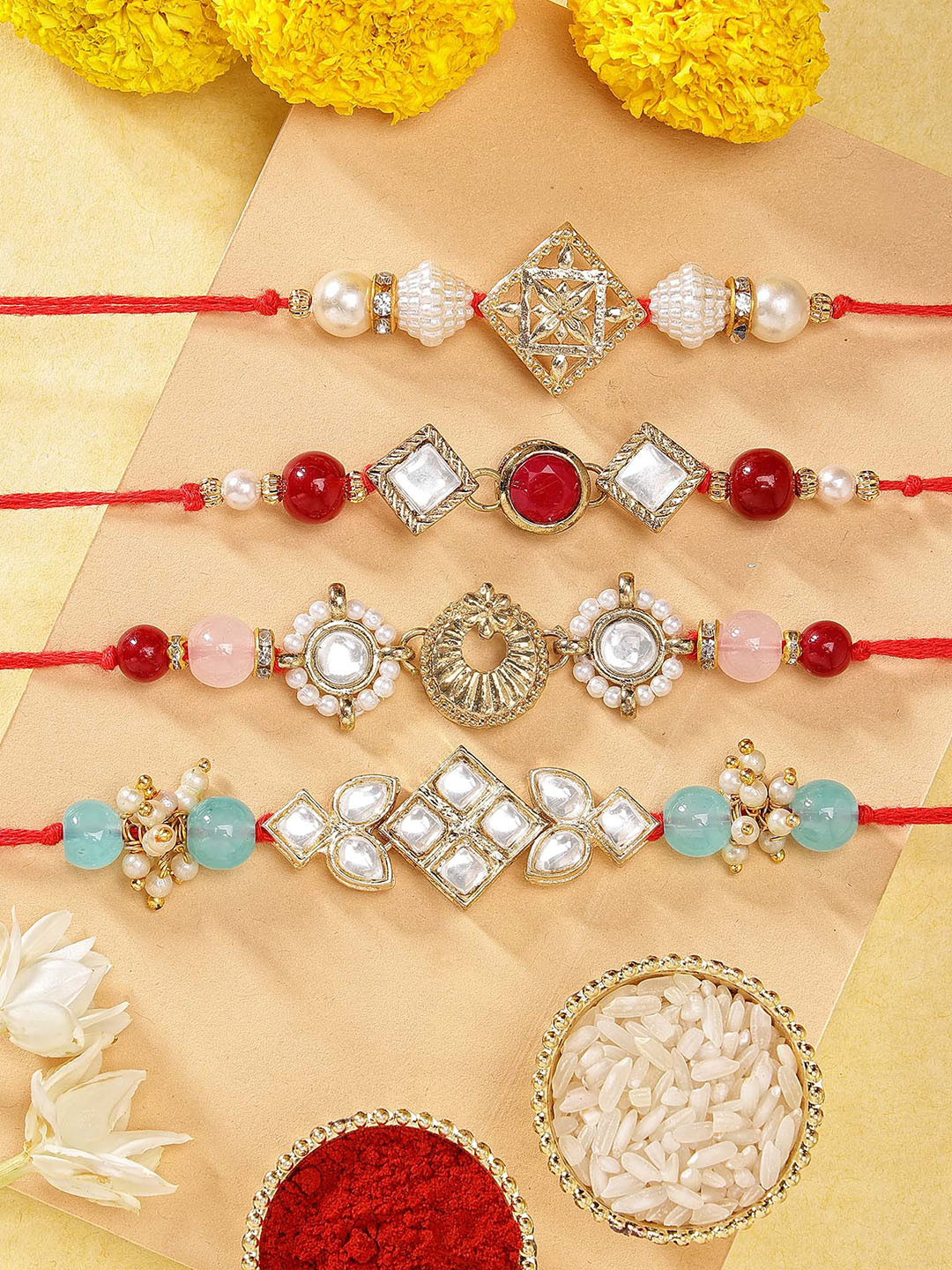 Buy KARATCART Set Of 4 Gold Plated Rakhi With Roli Chawal - Rakhi for ...