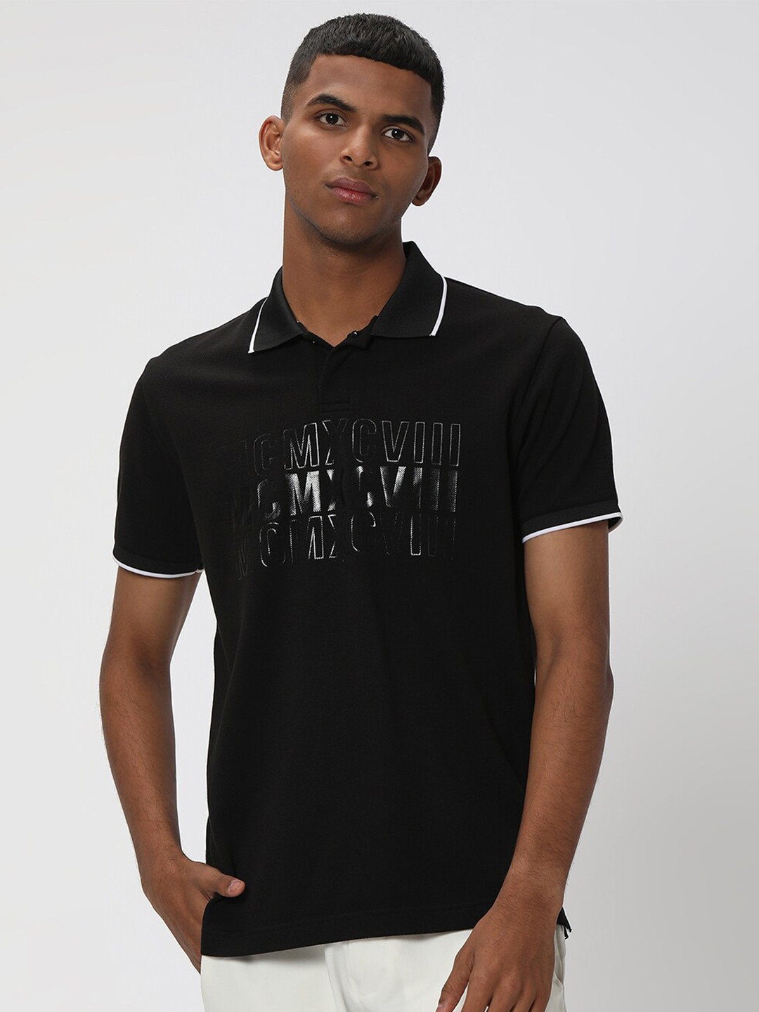 Buy Mufti Typography Printed Slim Fit Polo Collar Pure Cotton T Shirt ...