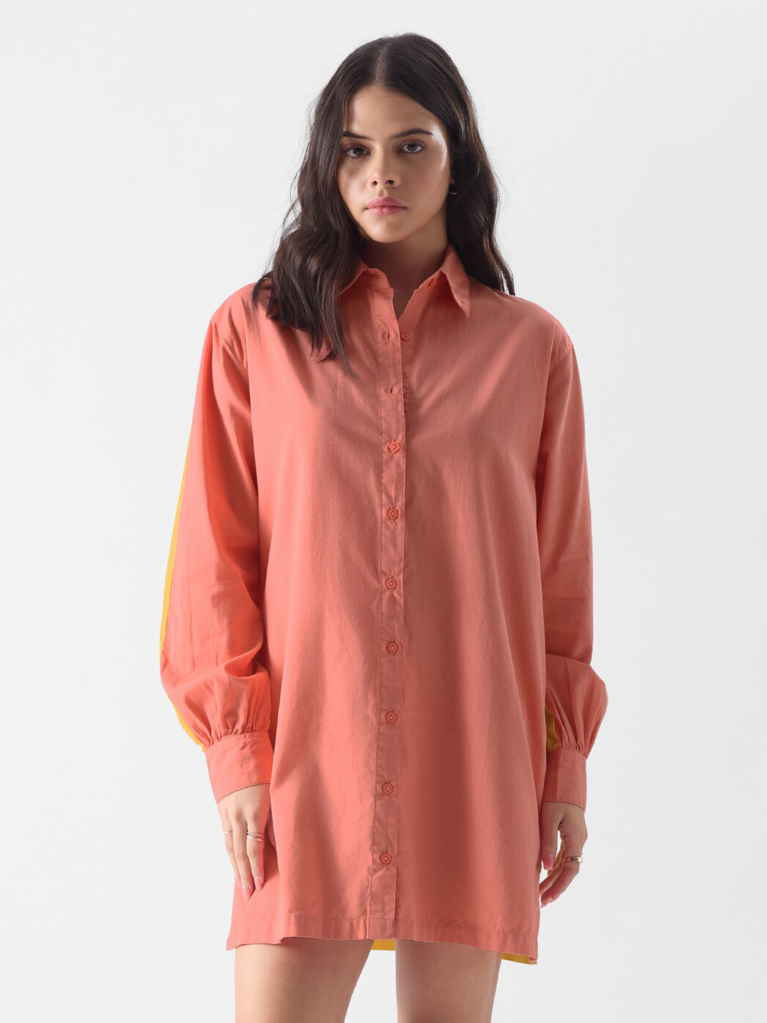 Buy The Souled Store Coral & Yellow Colourblocked Pure Cotton Shirt ...