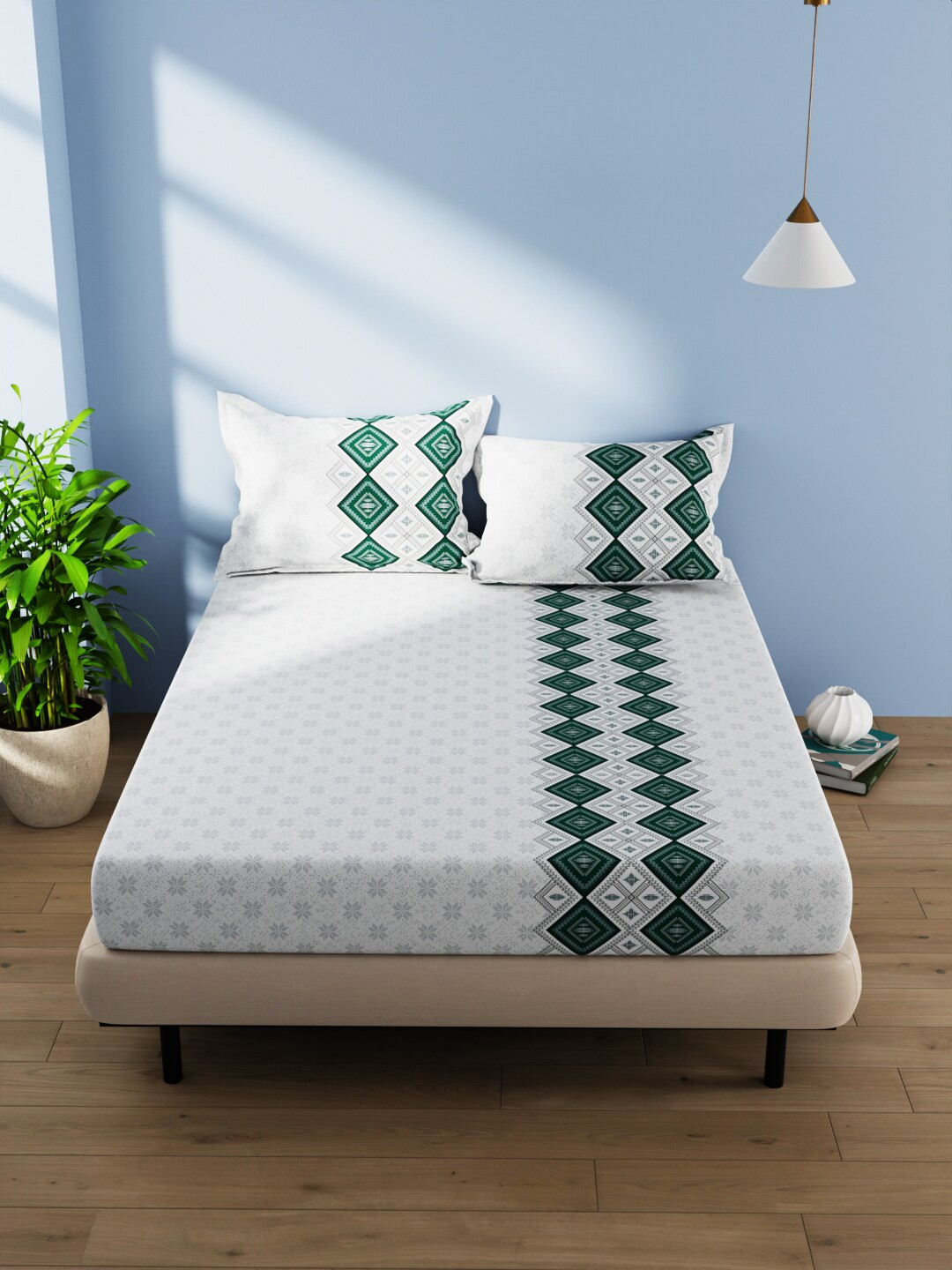 Buy Bianca Serina Grey And Green Printed 140 Tc Pure Cotton Queen Bedsheet With 2 Pillow Covers