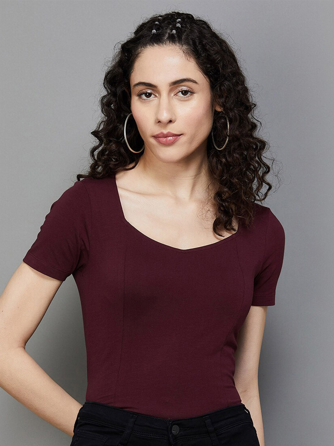 Buy Ginger By Lifestyle Scoop Neck Short Sleeves Fitted Top - Tops for ...