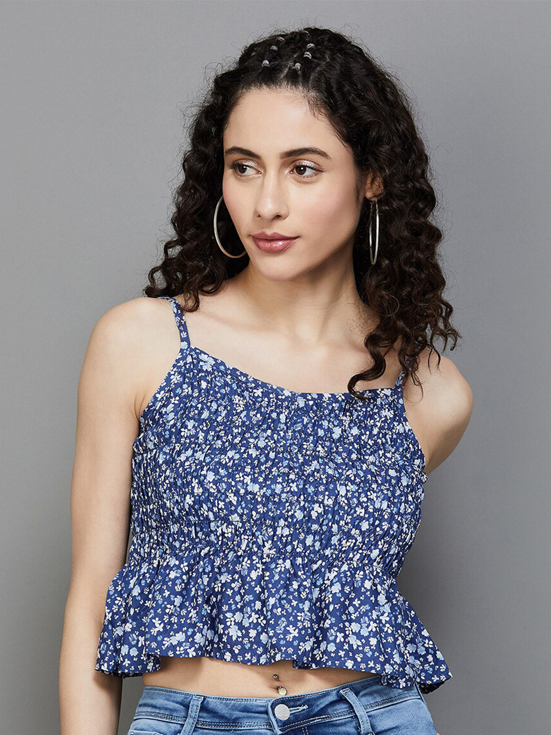 Buy Ginger By Lifestyle Floral Printed Shoulder Straps Smocking Peplum ...