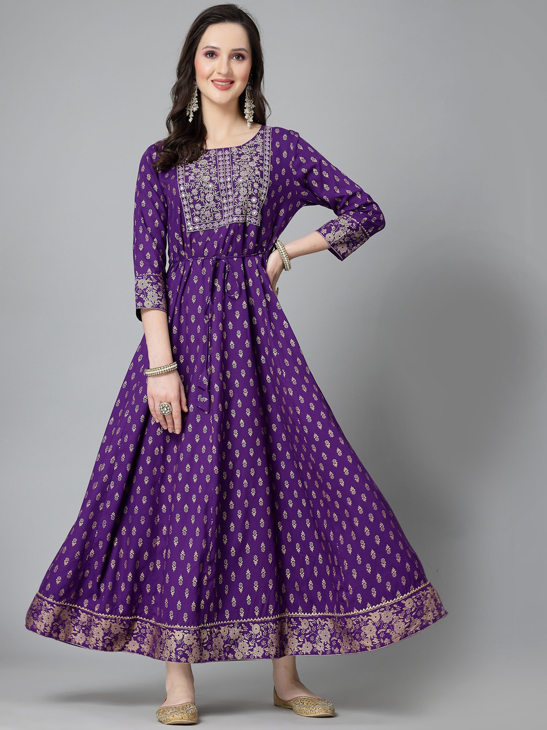 Buy Stylum Violet Ethnic Motifs Printed Embroidered Maxi Ethnic Dress ...