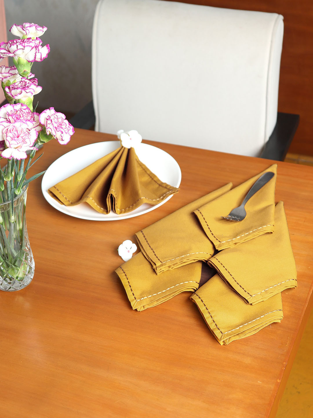 Buy ZEBA Mustard Yellow 6 Pieces Embroidered Cotton Table Napkins ...