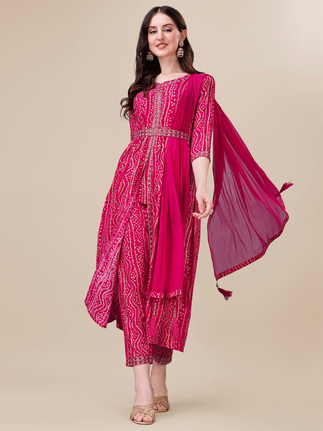 Buy Berrylicious Women Pink Bandhani Printed High Slit Thread Work ...