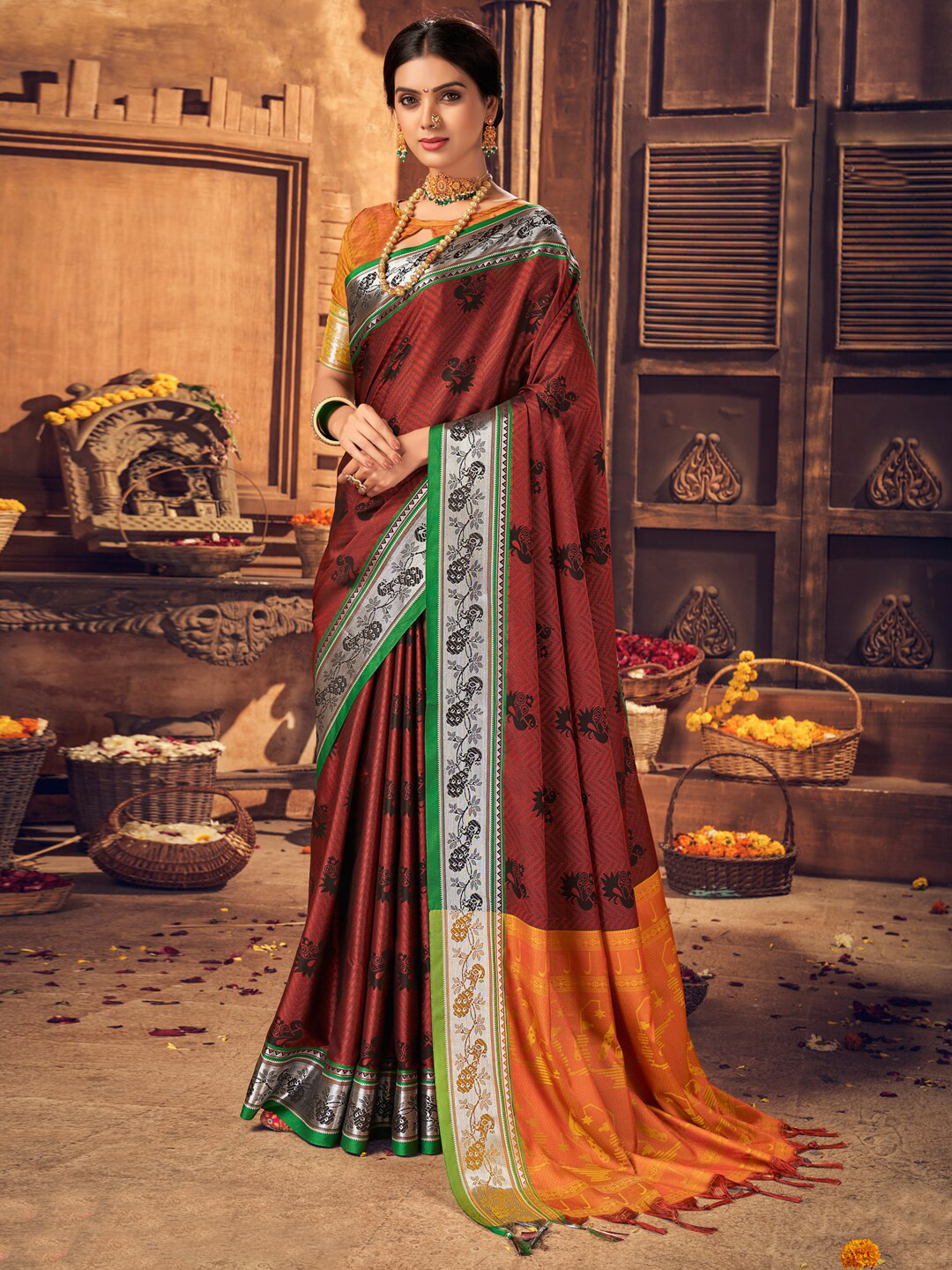 Buy Mitera Brown & Silver Toned Ethnic Motifs Woven Design Zari ...