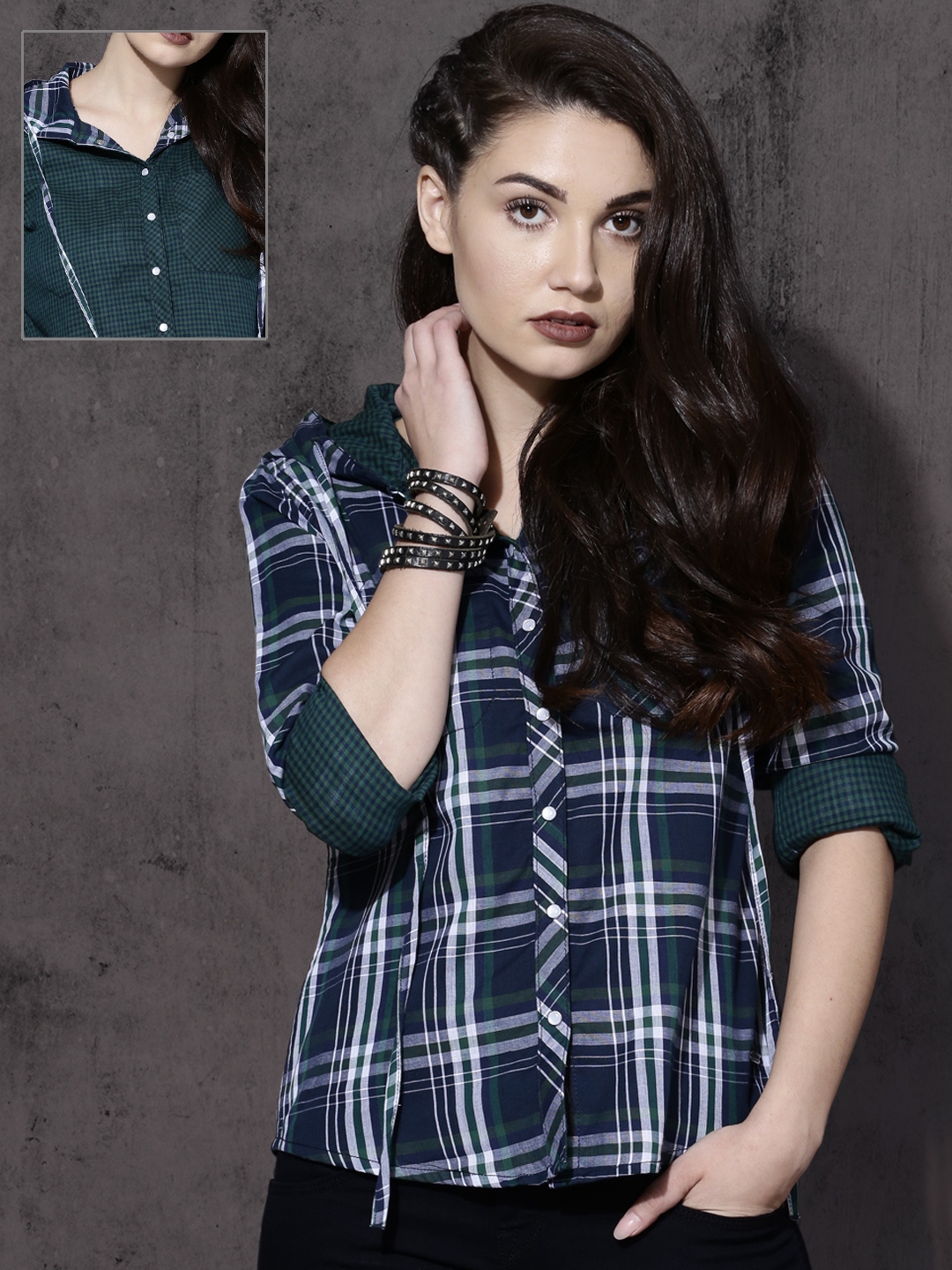 Buy Roadster Women Green And Navy Blue Lightweight Regular Fit Checked