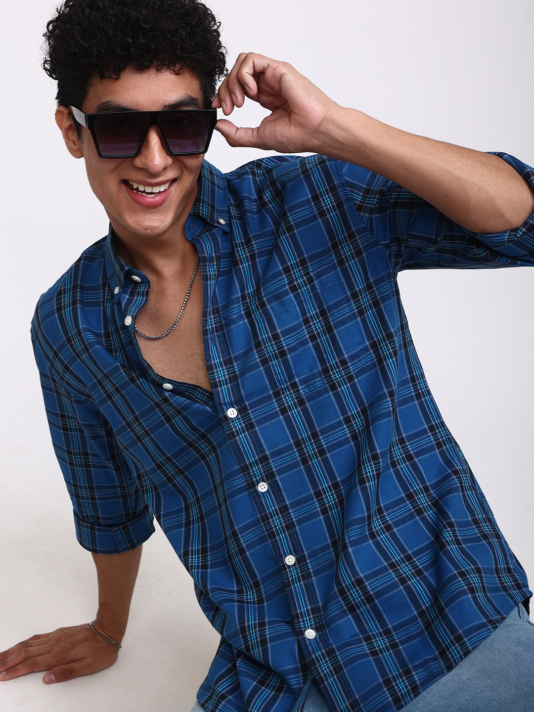 Buy Snitch Blue Standard Slim Fit Tartan Checked Pure Cotton Casual ...