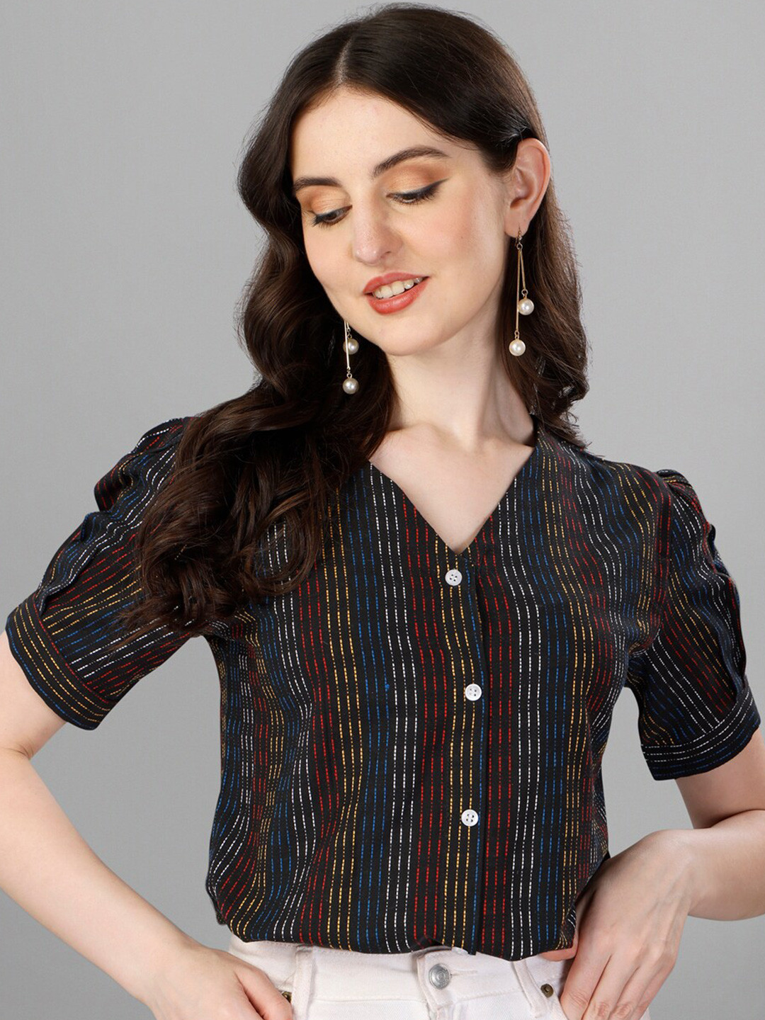 Buy Kinjo Floral Printed V Neck Puff Sleeves Cotton Shirt Style Top ...