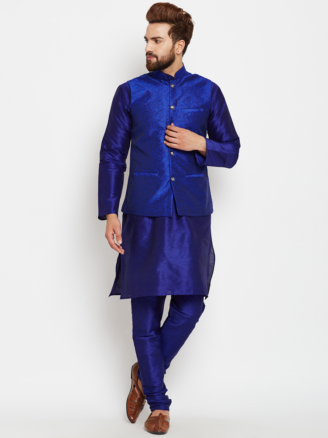 Buy SOJANYA Men Blue Self Design Kurta Pyjamas With Nehru Jacket ...
