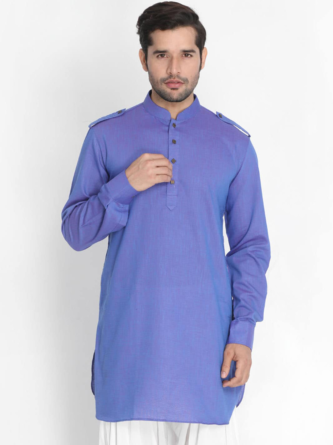 Buy VASTRAMAY Mandarin Collar Woven Design Pathani Cotton Kurta ...