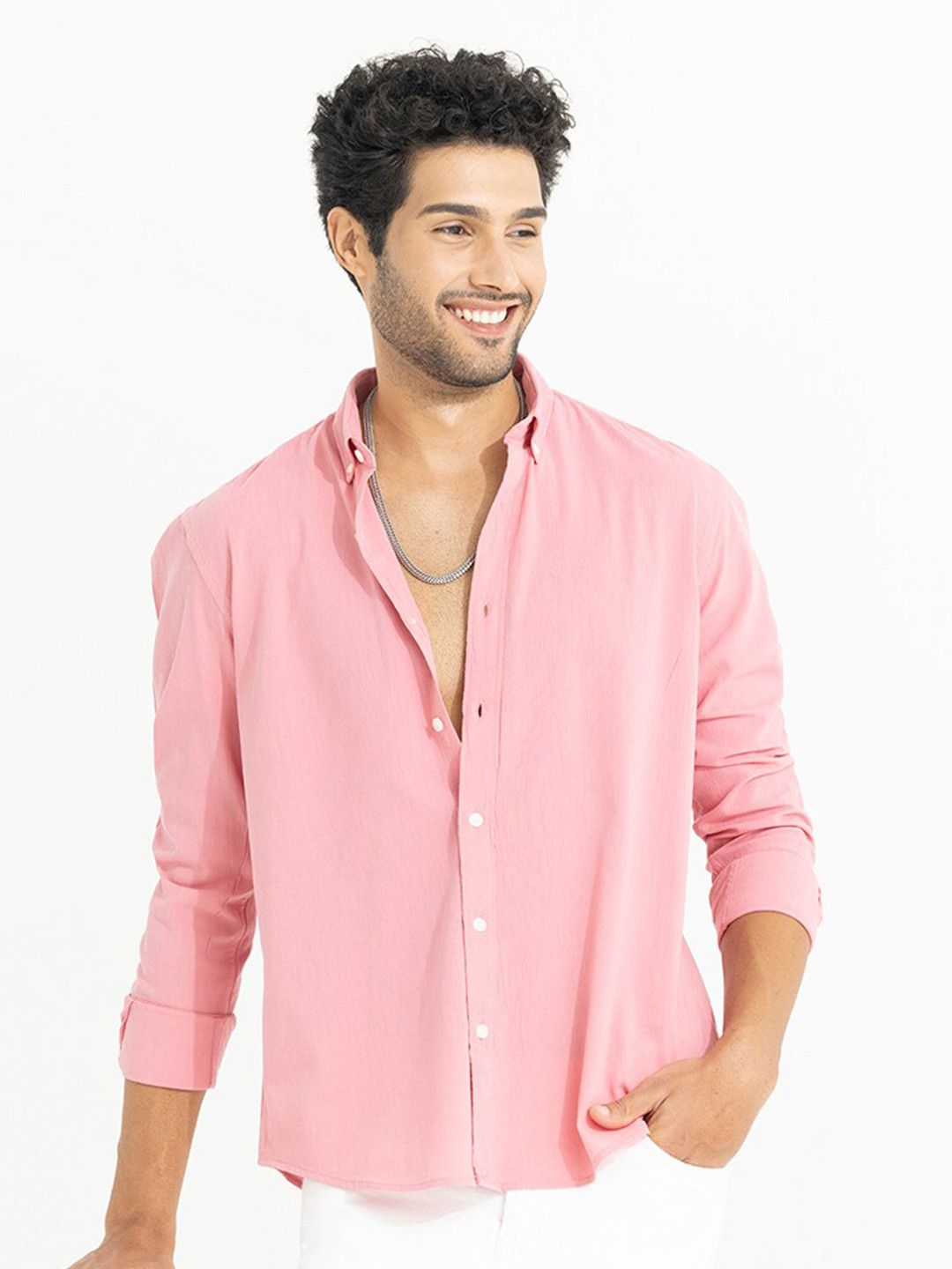 Buy Snitch Pink Classic Spread Collar Slim Fit Cotton Casual Shirt ...