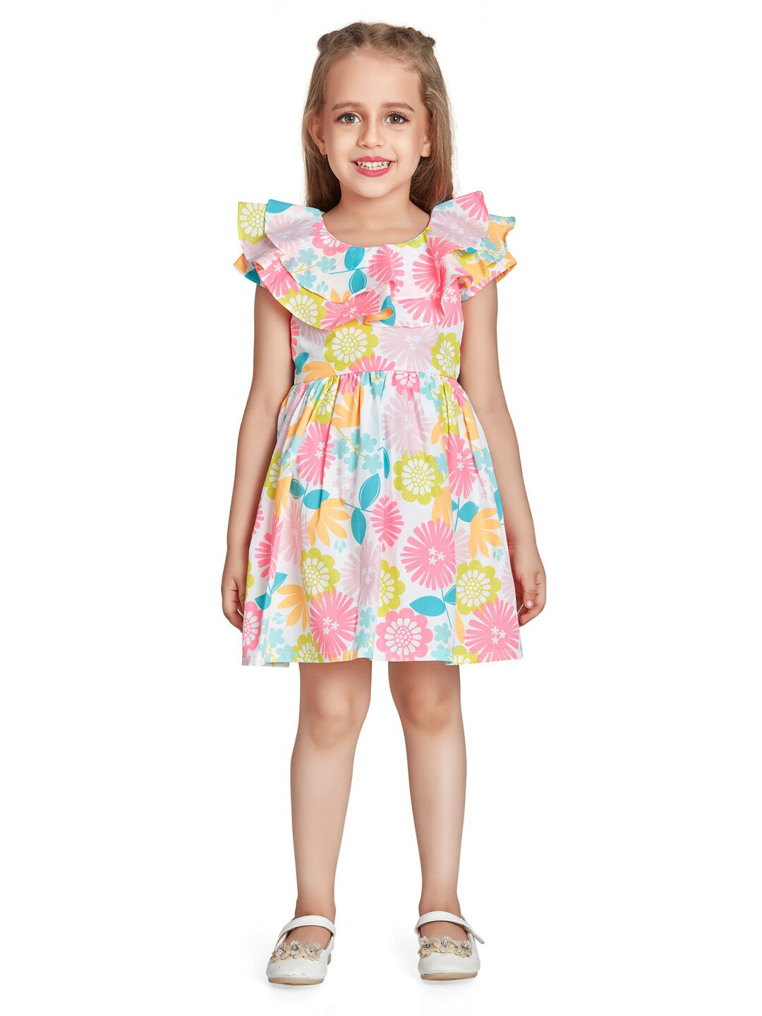 Buy Peppermint Girls Floral Printed Ruffles Detail Cotton A Line Dress ...