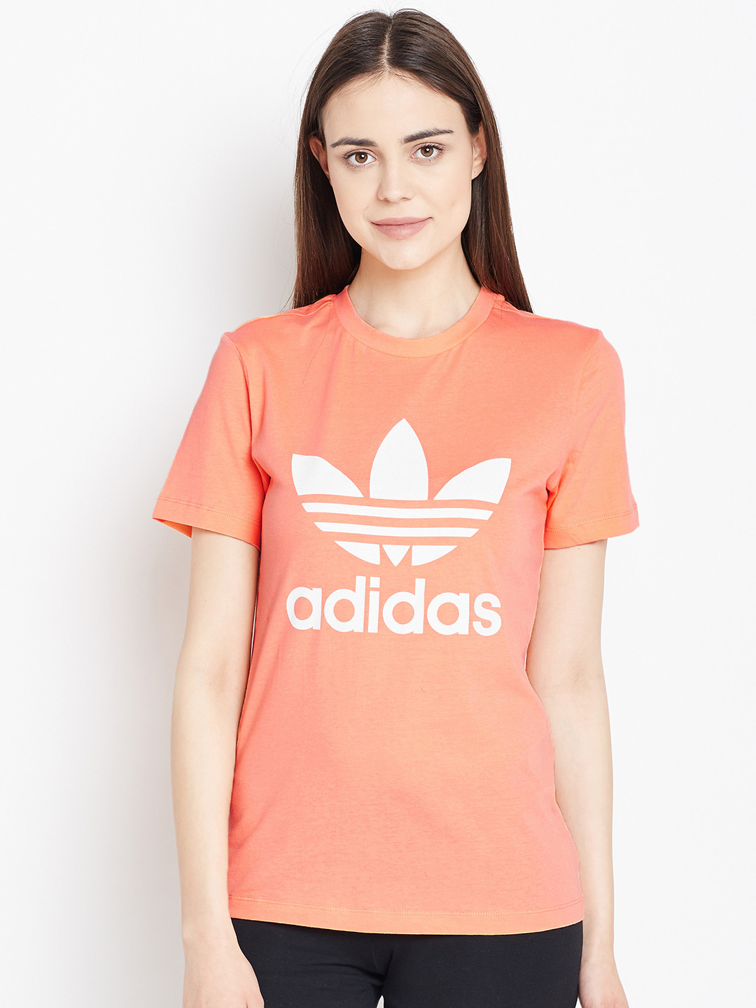 Buy ADIDAS Originals Peach Coloured Trefoil Print Pure Cotton T Shirt ...