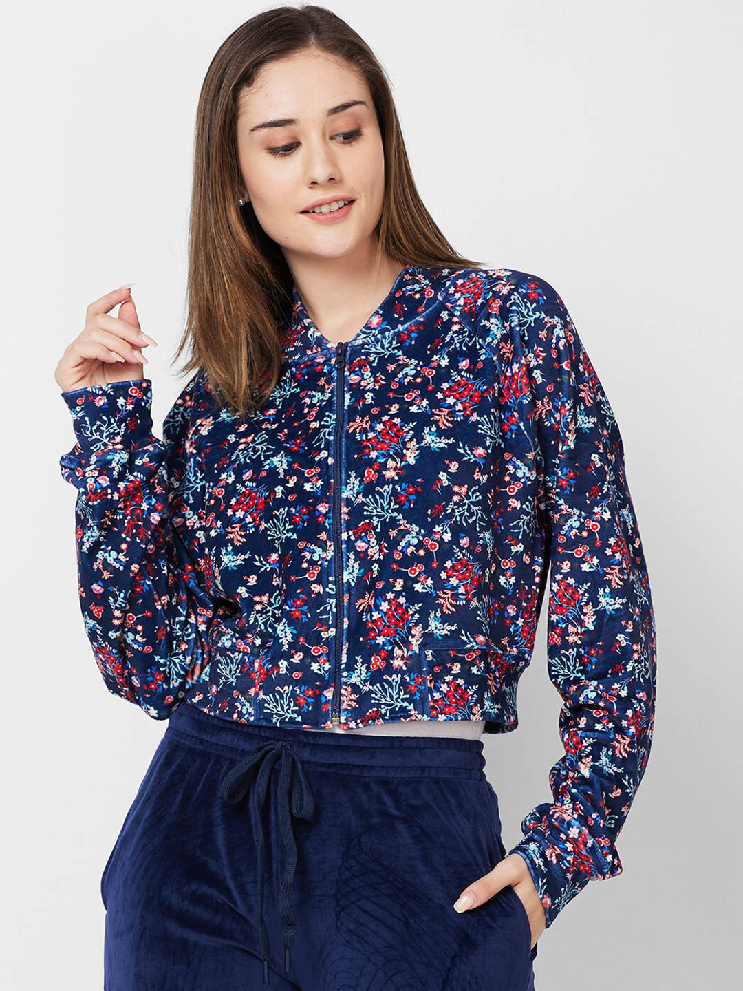 Buy XIN Floral Printed Velour Bomber Tracksuit - Tracksuits for Women ...