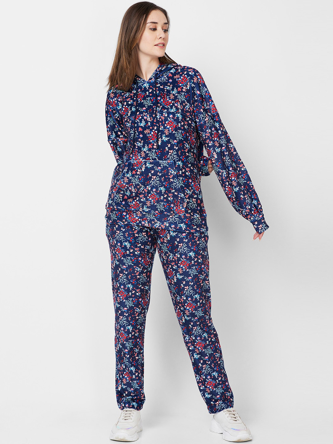 Buy XIN Navy Blue Floral Printed Hooded Tracksuit - Tracksuits for ...
