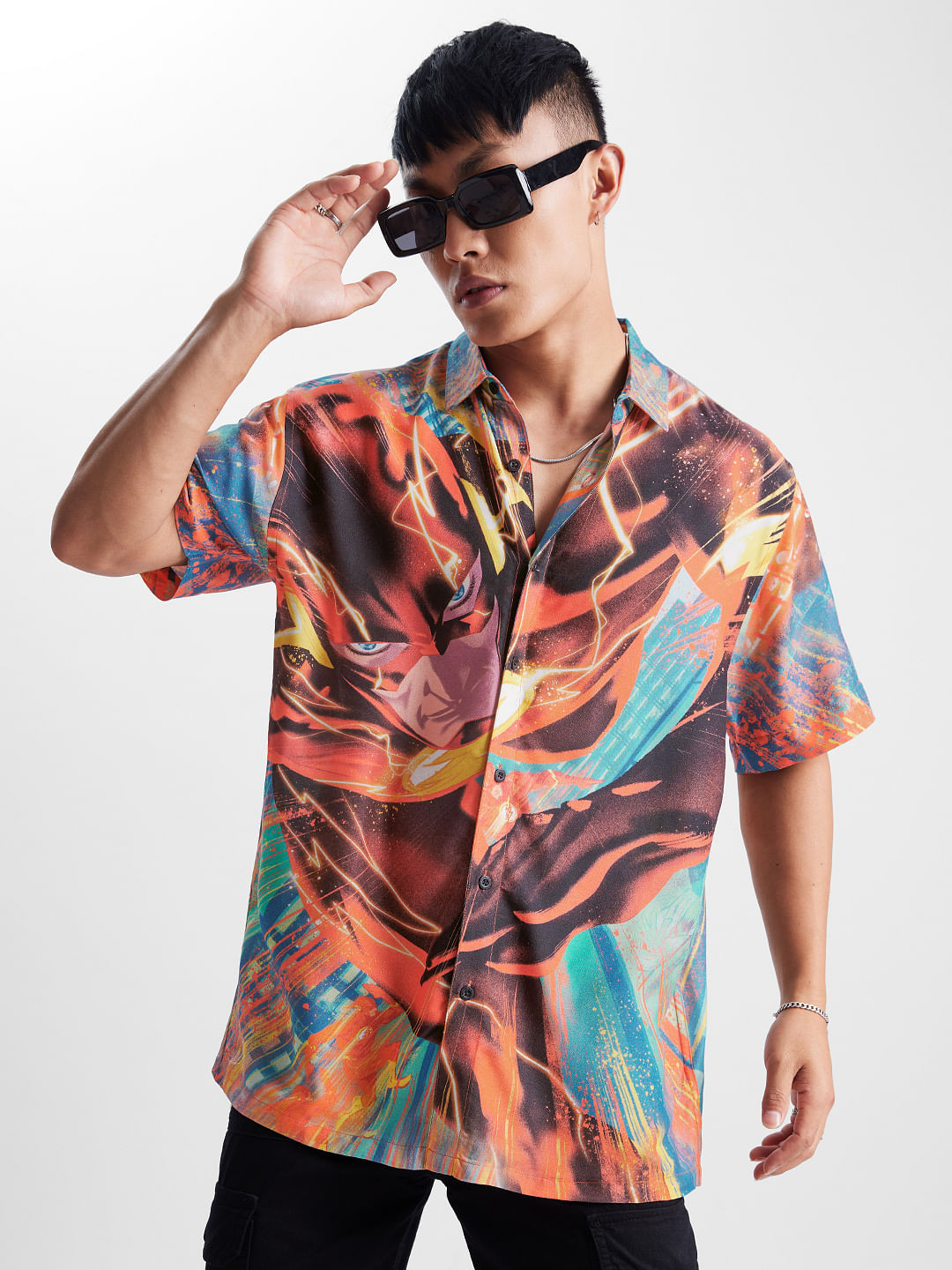 Buy The Souled Store Rust & Blue Flash Printed Pure Cotton Oversized ...