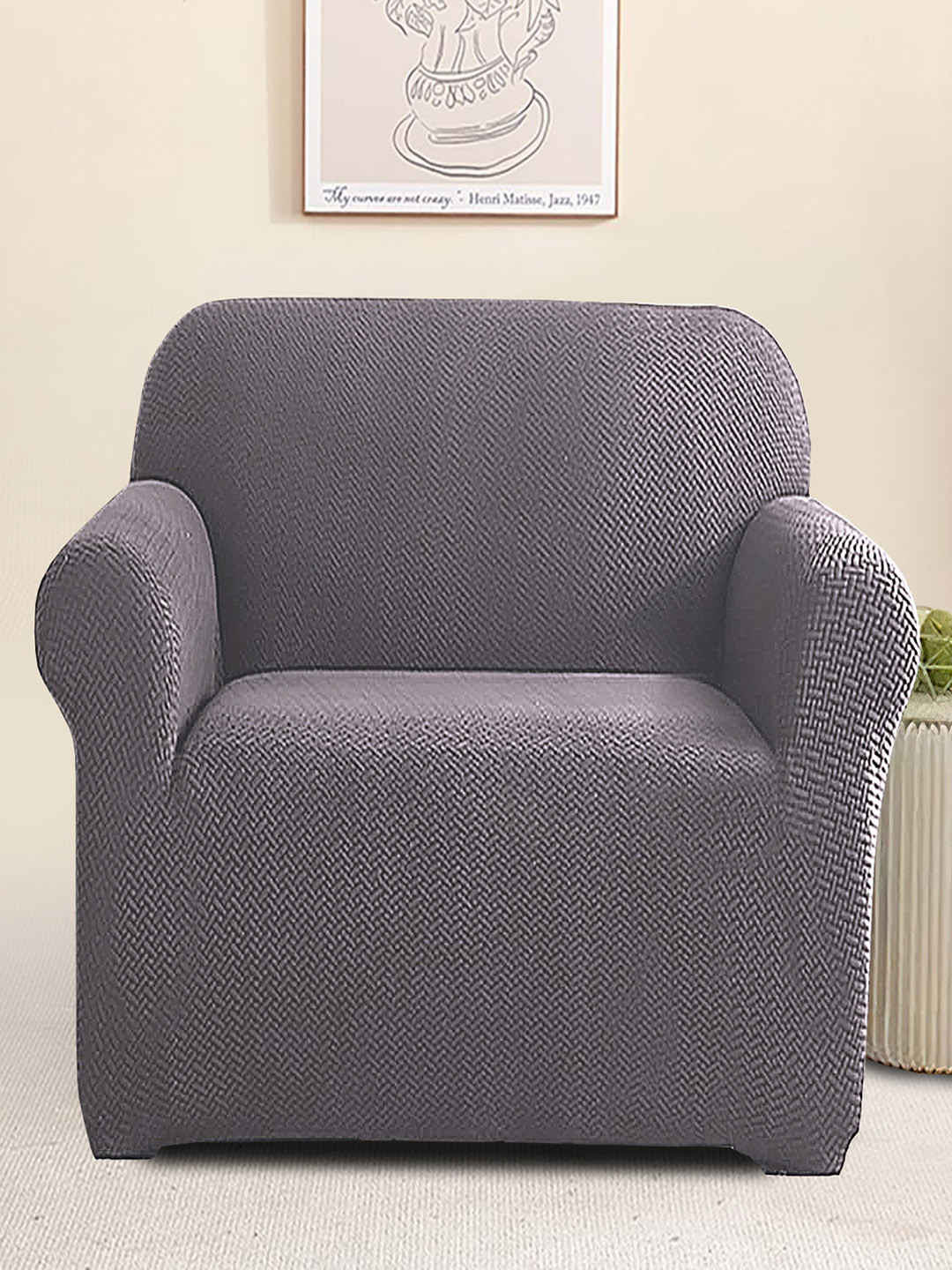 Buy Cortina Grey Jacquard Printed Single Seater Sofa Cover - Sofa ...