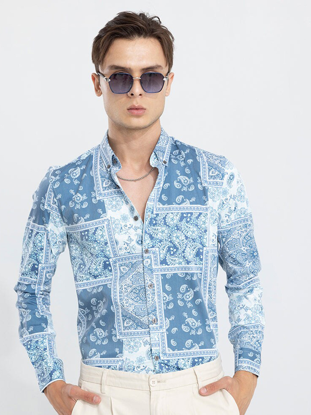 Buy Snitch Blue Classic Slim Fit Ethnic Motifs Opaque Printed Casual ...