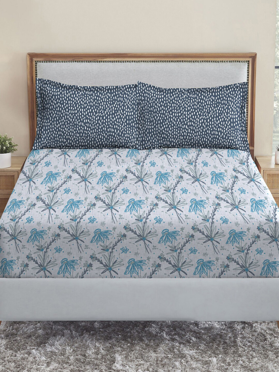 Buy MYTRIDENT Night Bloom Blue Dusk & Dawn Flat 144TC Queen Cotton ...