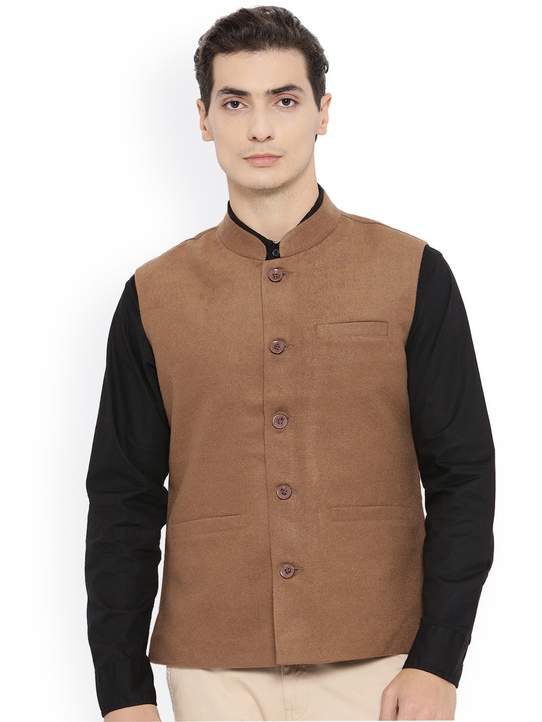 Buy NEVA Men Khaki Brown Pure Cotton Nehru Jacket - Nehru Jackets for ...