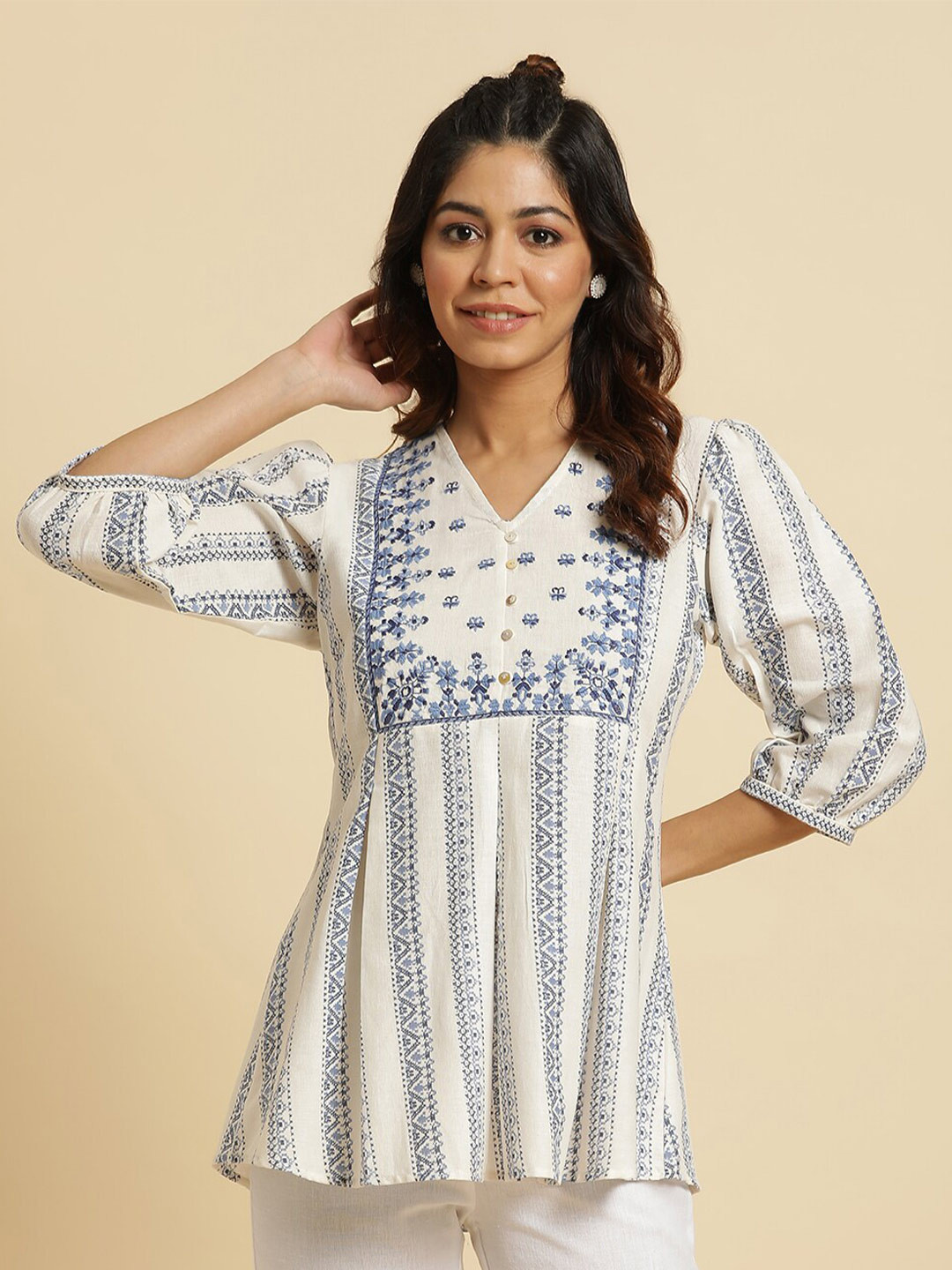 Buy W White Geometric Printed V Neck Cotton A Line Longline Top - Tops ...