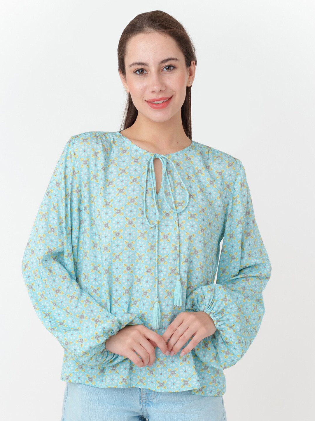 Buy Zink London Geometric Printed Tie Up Neck Puff Sleeves A Line Top ...