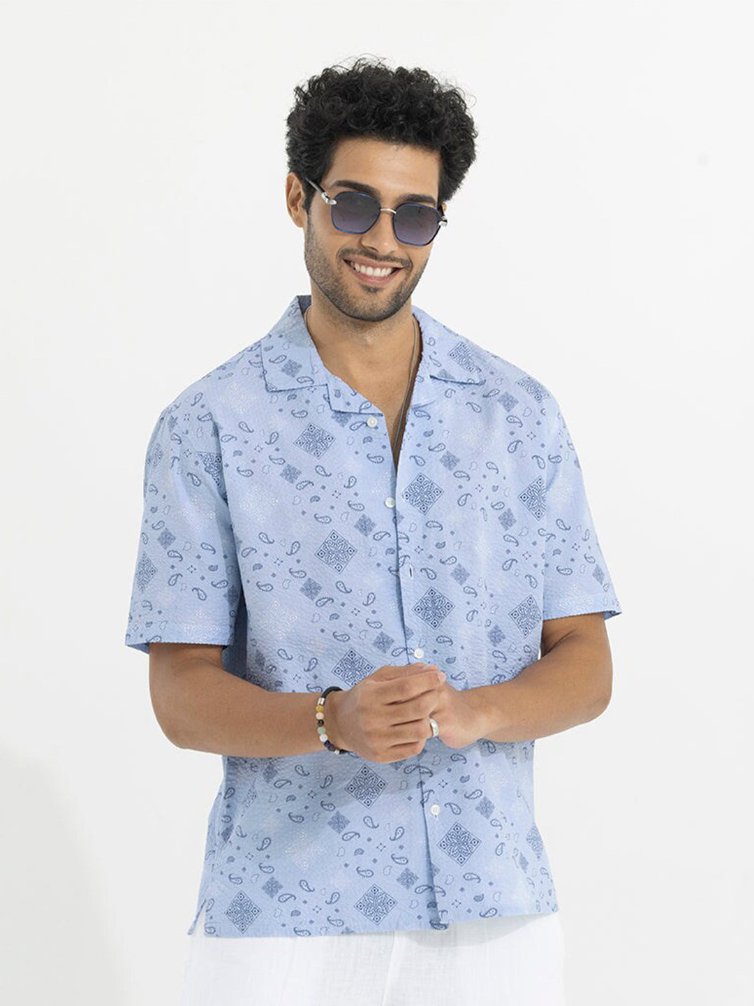 Buy Snitch Blue Geometric Printed Classic Boxy Cotton Casual Shirt ...