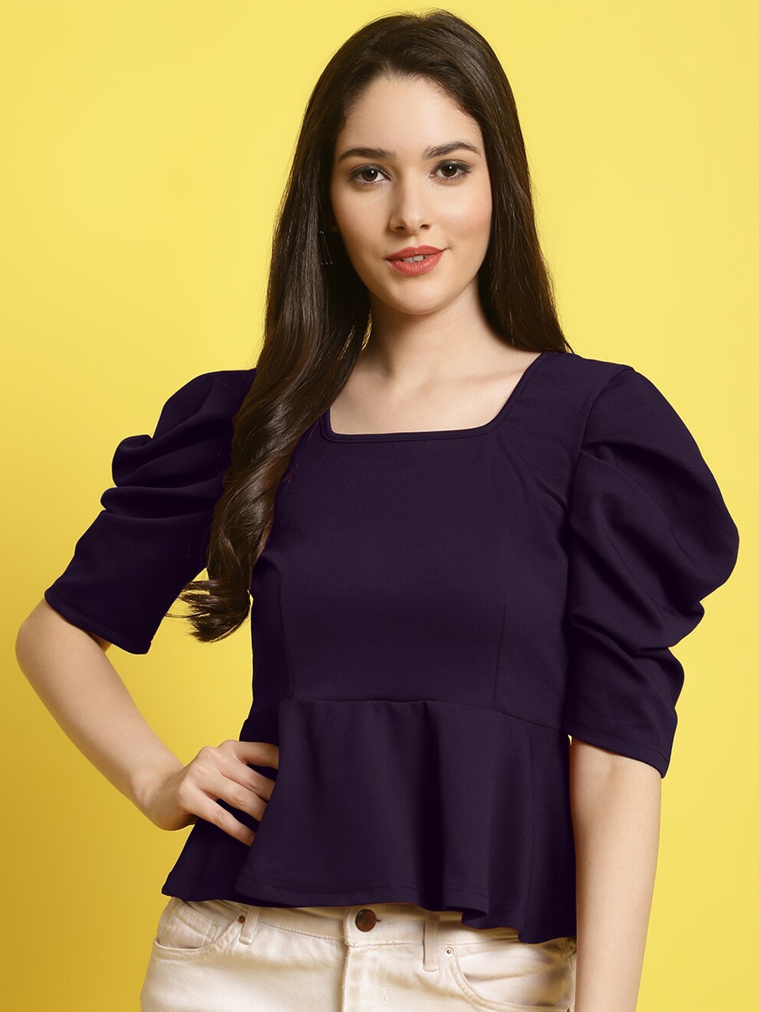 Buy Fabflee Square Neck Puff Sleeve Peplum Top Tops For Women