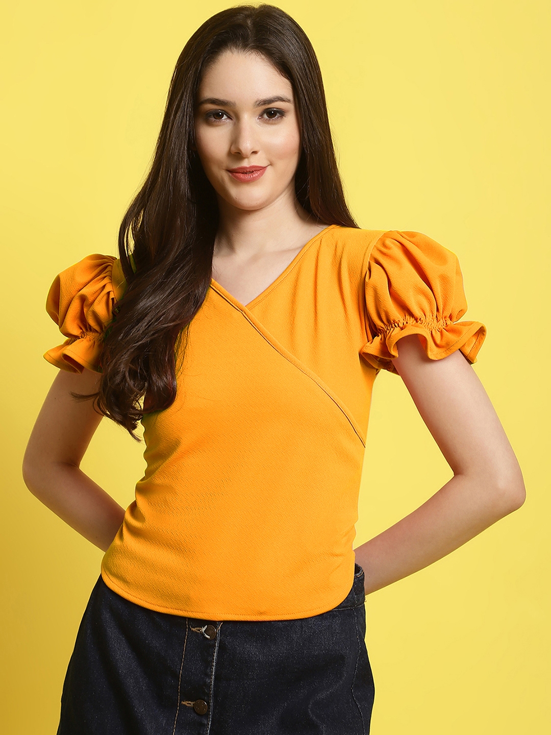 Buy Fabflee Women V Neck Puff Sleeve Peplum Polyester Top Tops For