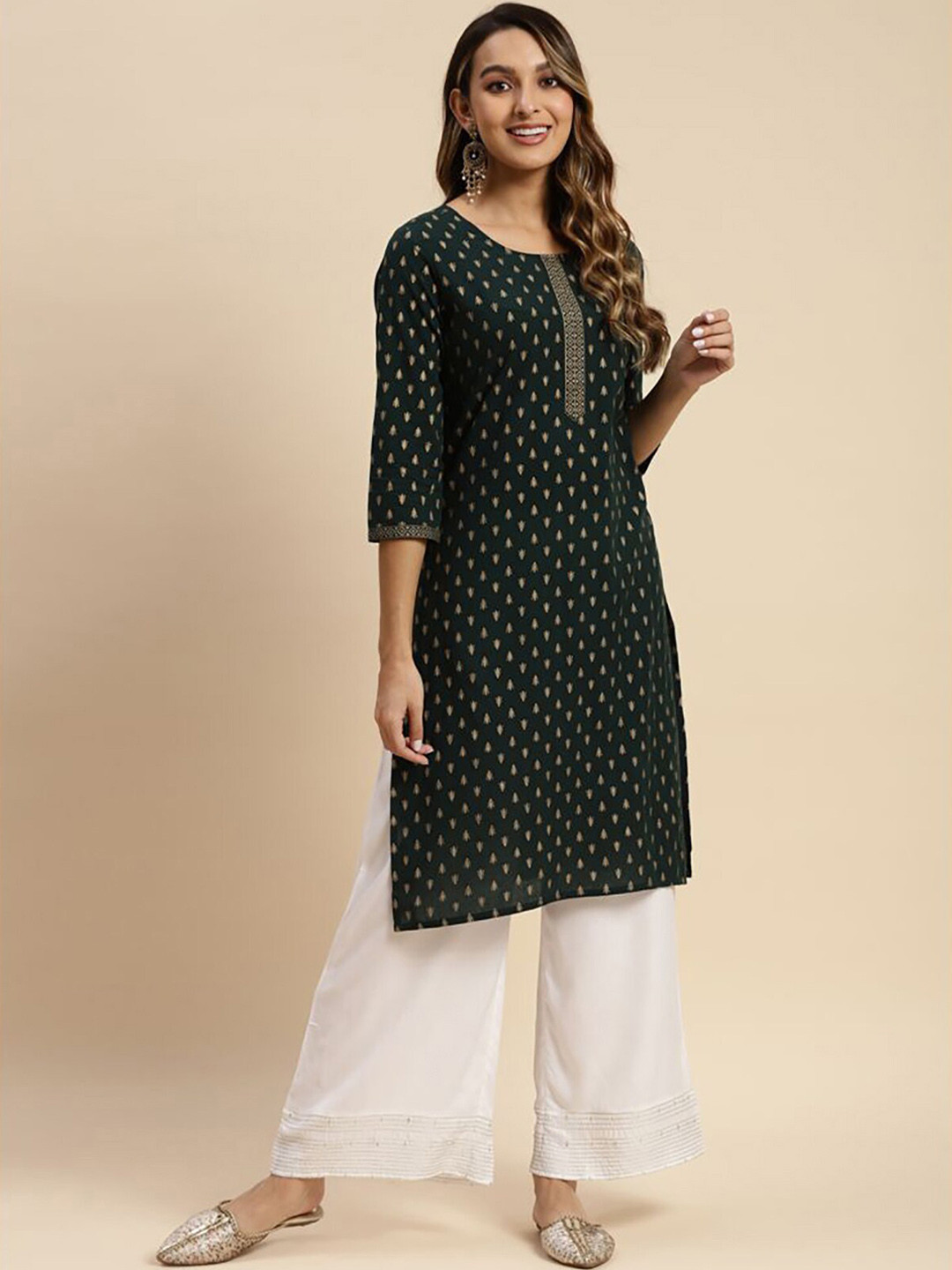 Buy Rangita Ethnic Motifs Printed Round Neck Cotton Straight Kurta ...