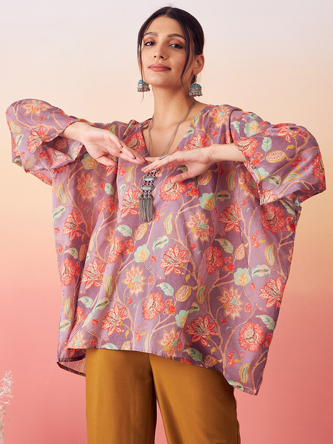 Buy Stories Of Dori Floral Printed V Neck A Line Longline Cotton Top ...