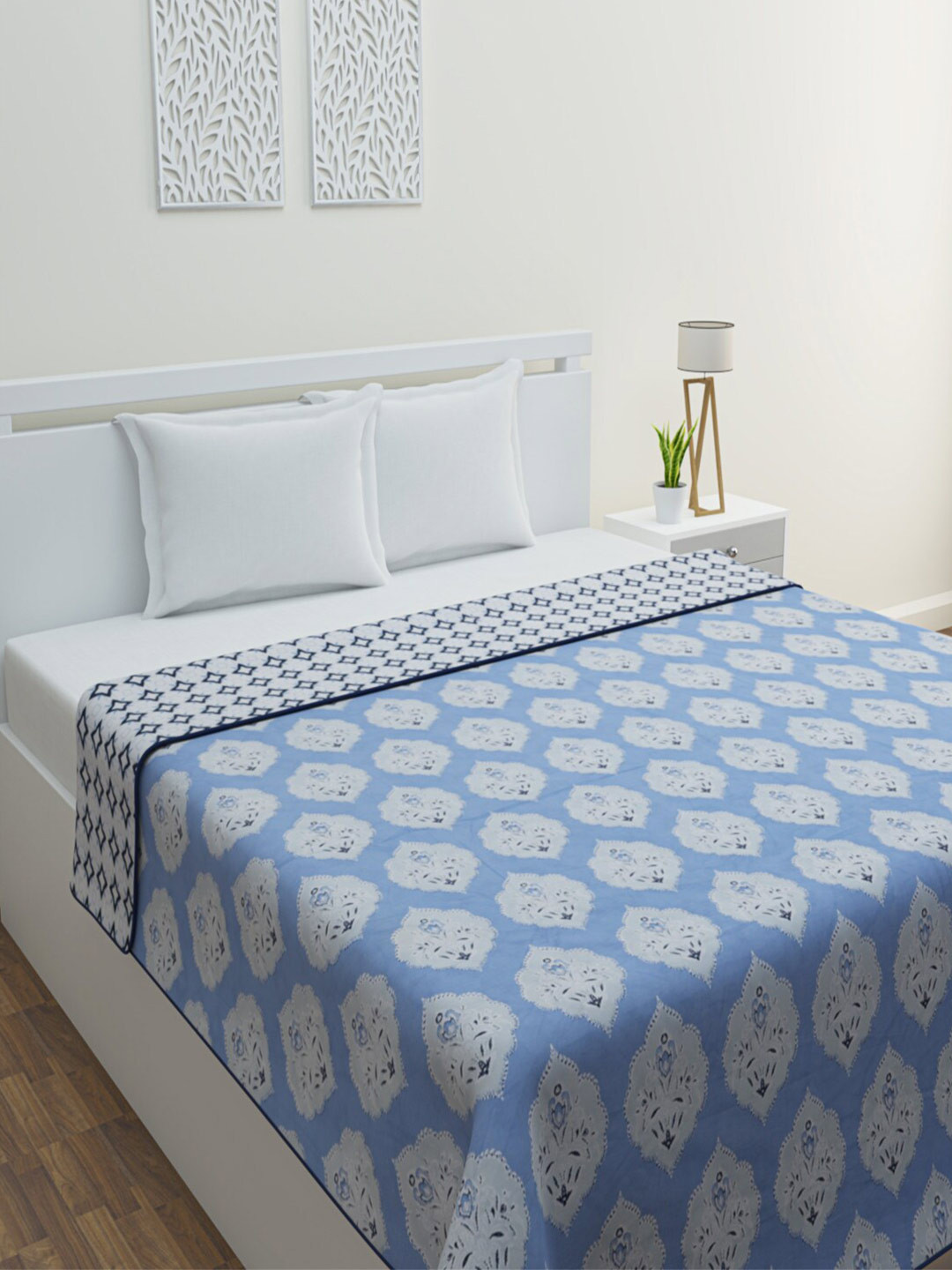 Buy HOME AFFAIRS Springfield Blue & White Printed AC Room 300 GSM Pure ...